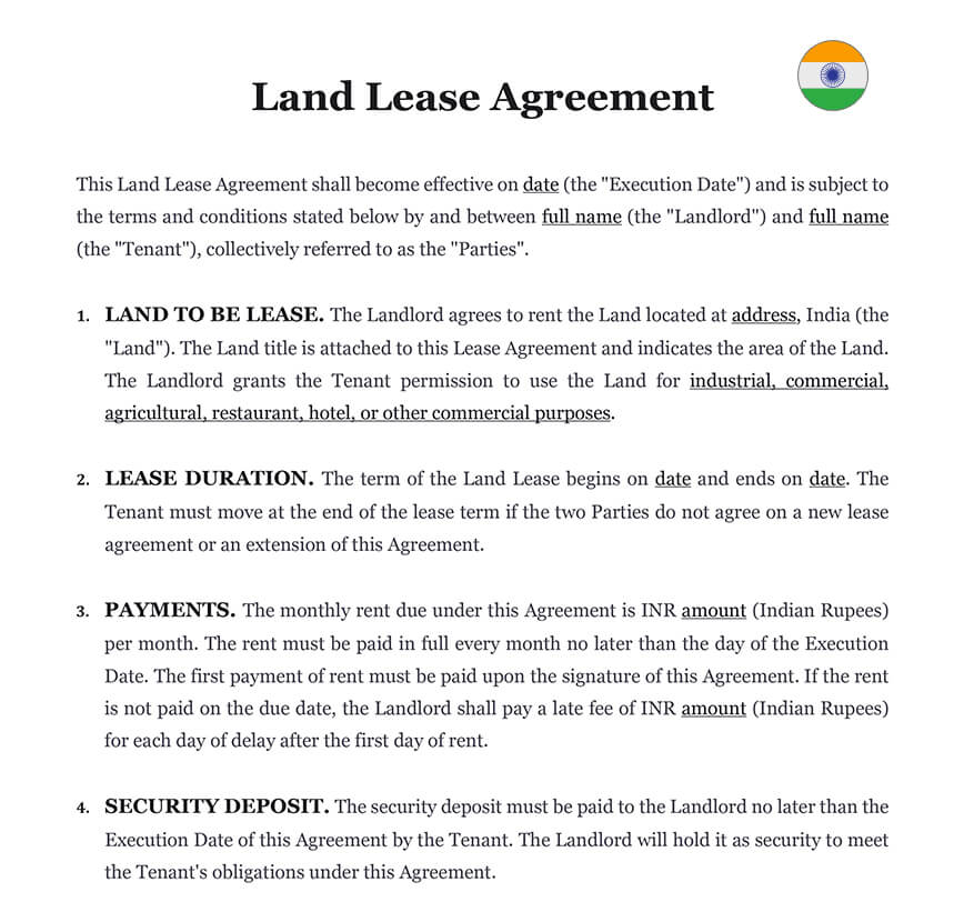 Land Lease Agreement In India Download Word Template doc 